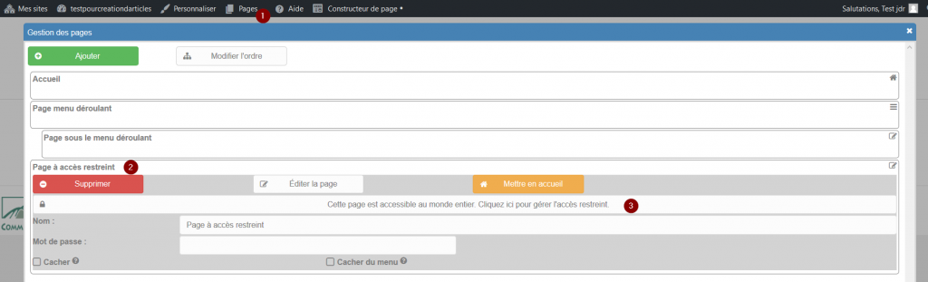 Accès restreint aux pages – Aide